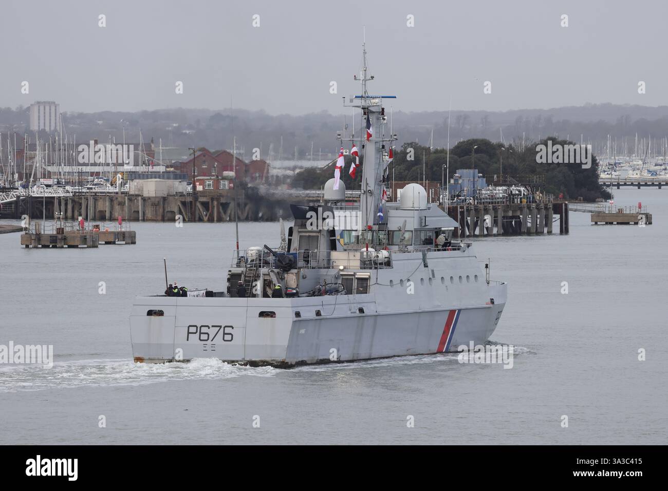 The French navy offshore patrol vessel FS FLAMANT (P676) making its way towards a berth in the ...
