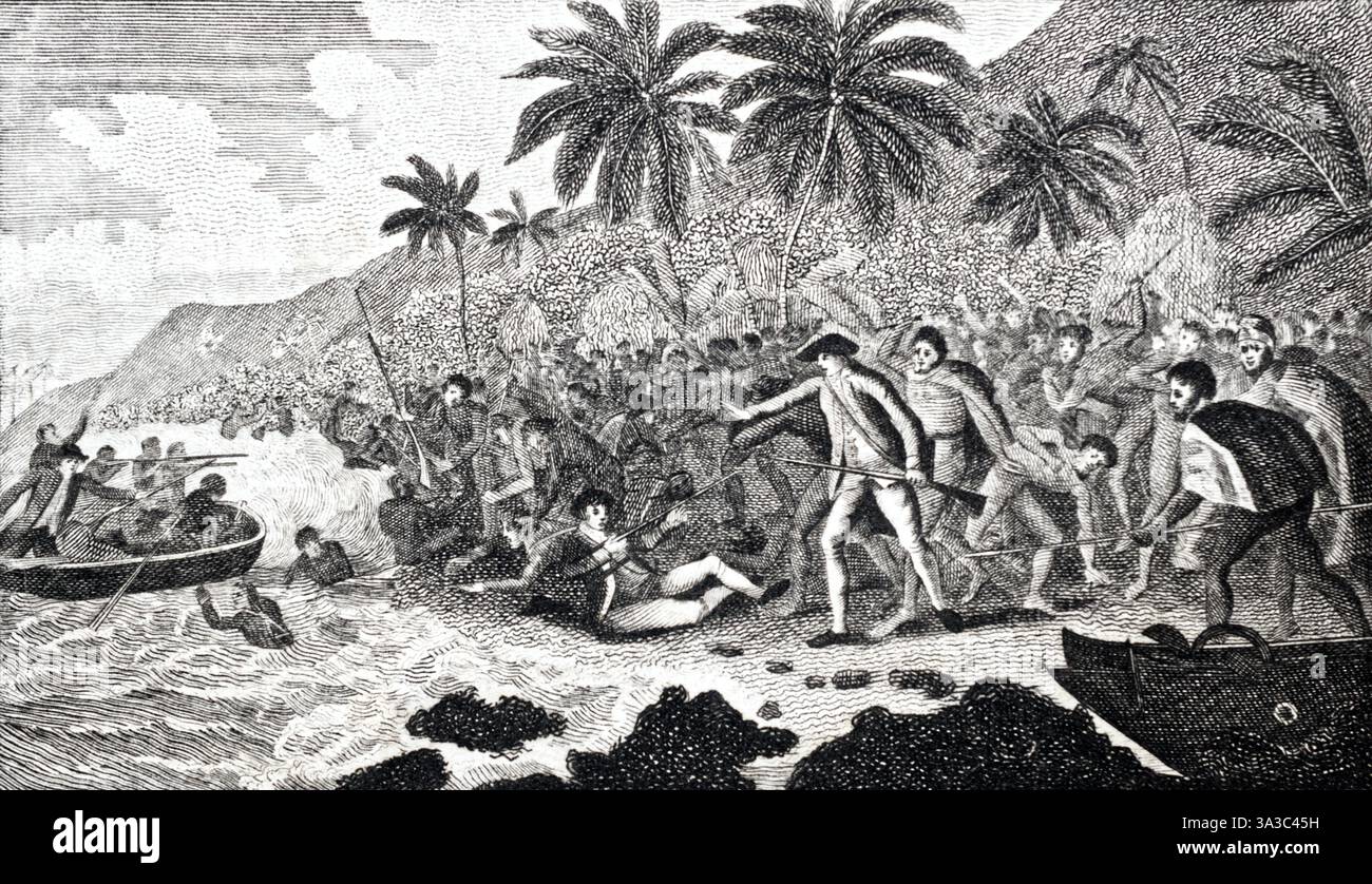 The death of Captain Cook at Owyhee (Hawaii), 1779. Illustration from c ...