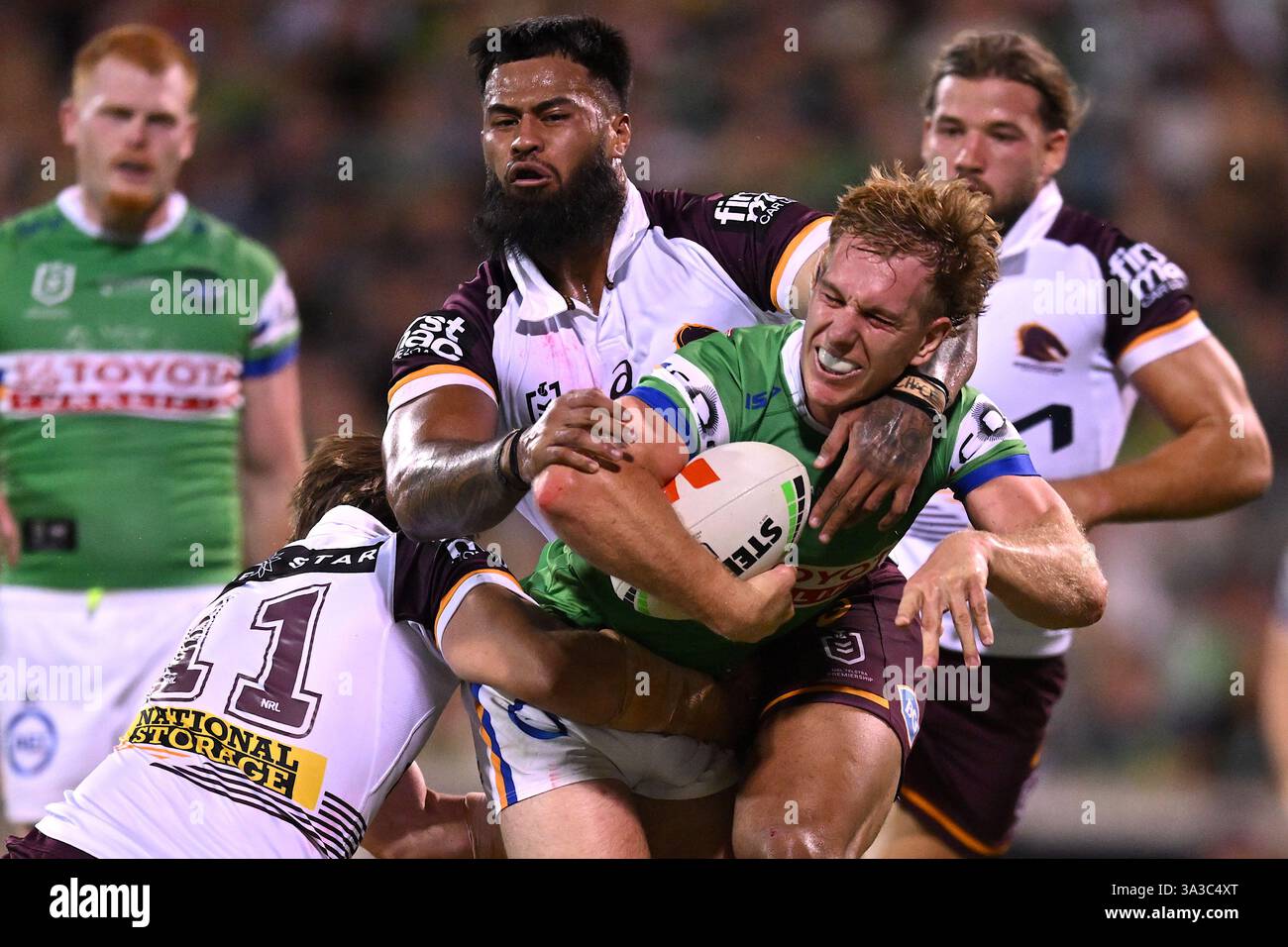 Canberra, Australia. 15th Mar, 2025. Zac Hosking of the Raiders is ...