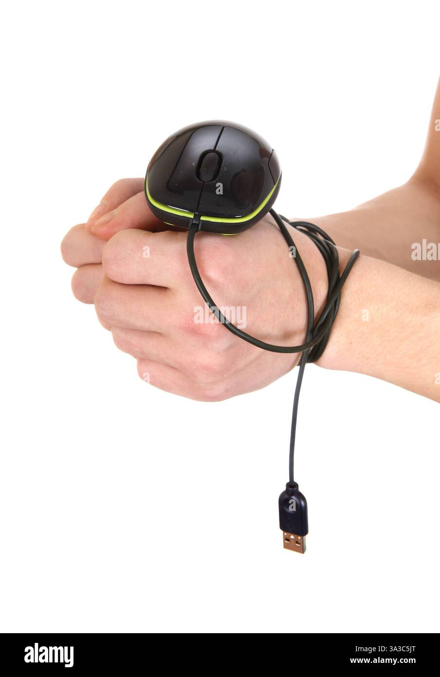 Hands tied with Cable of Computer Mouse Isolated on the White Stock ...