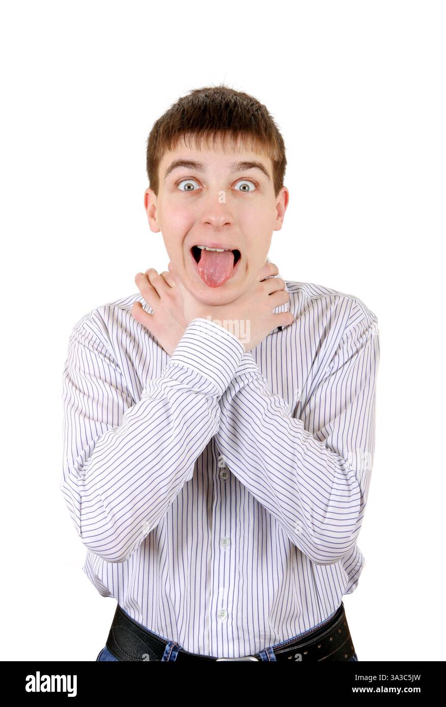Nervous Teenager strangle himself Isolated on the White Background ...