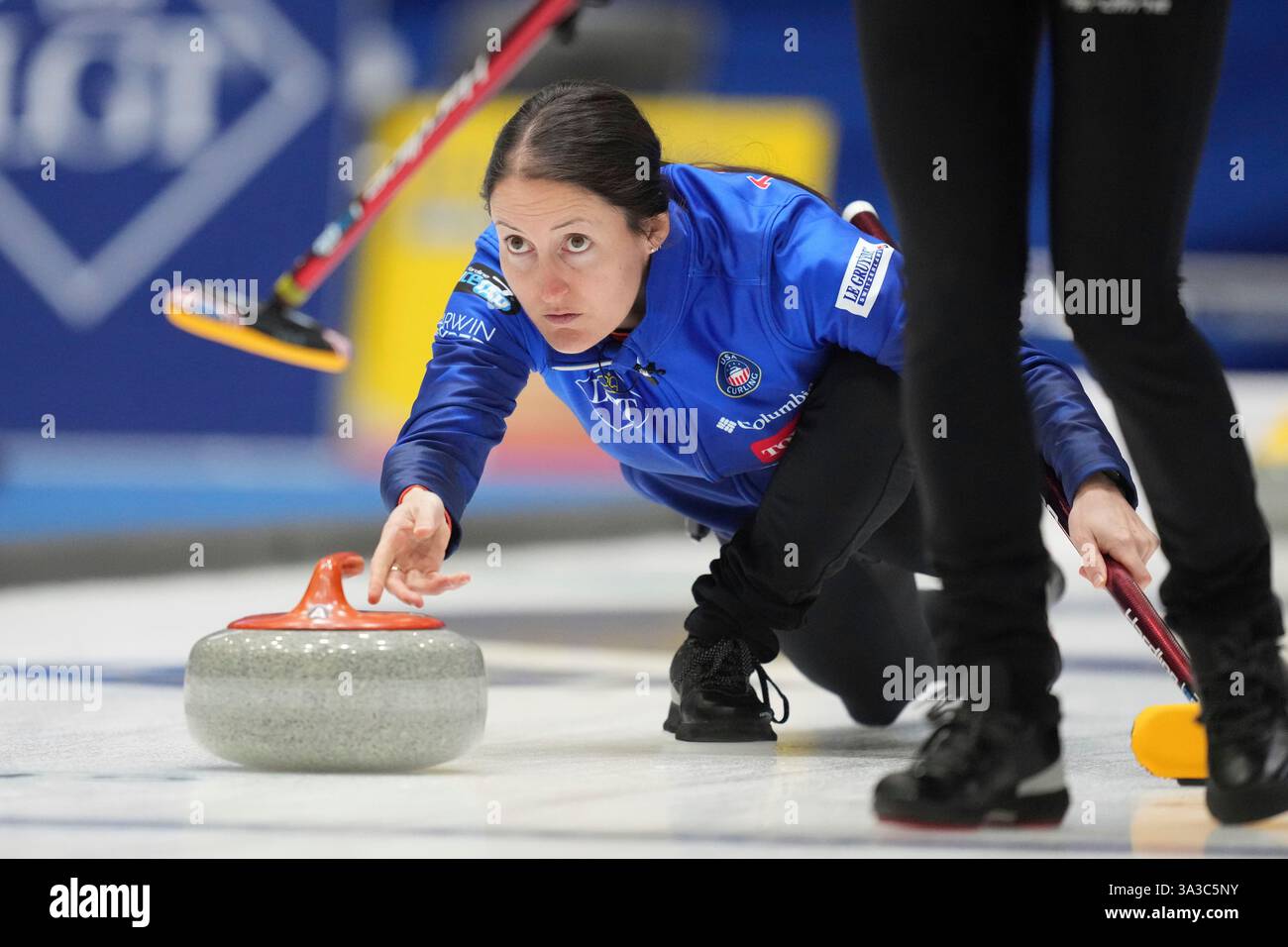 United States skip Tabitha Peterson releases the stone during a match ...