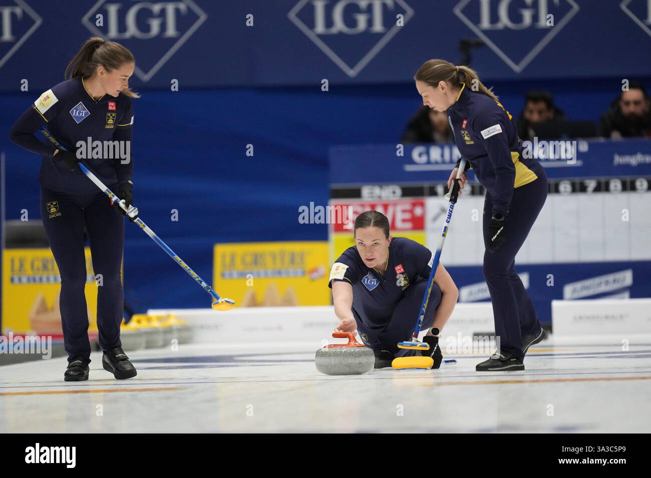 Sweden's Agnes Knochenhauer releases the stone during a match against ...