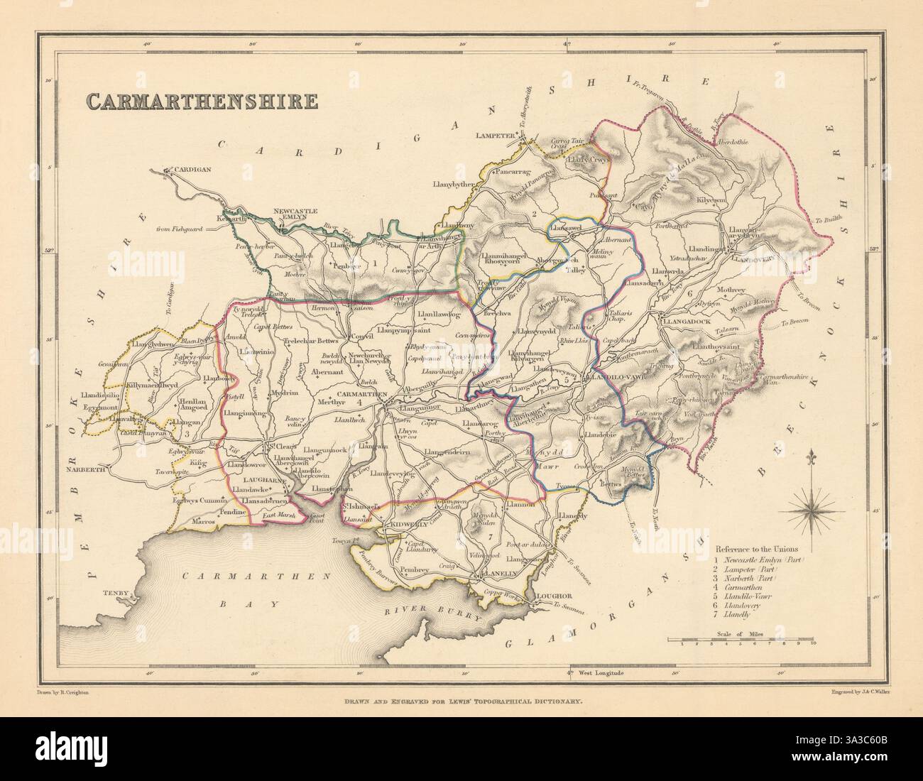 Antique county map of CARMARTHENSHIRE by Creighton & Walker for Lewis ...