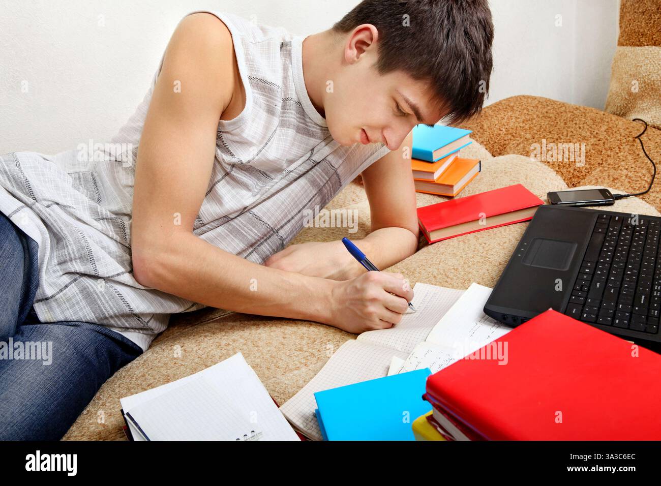 Teenager doing Homework on the Sofa at the Home Stock Photo - Alamy