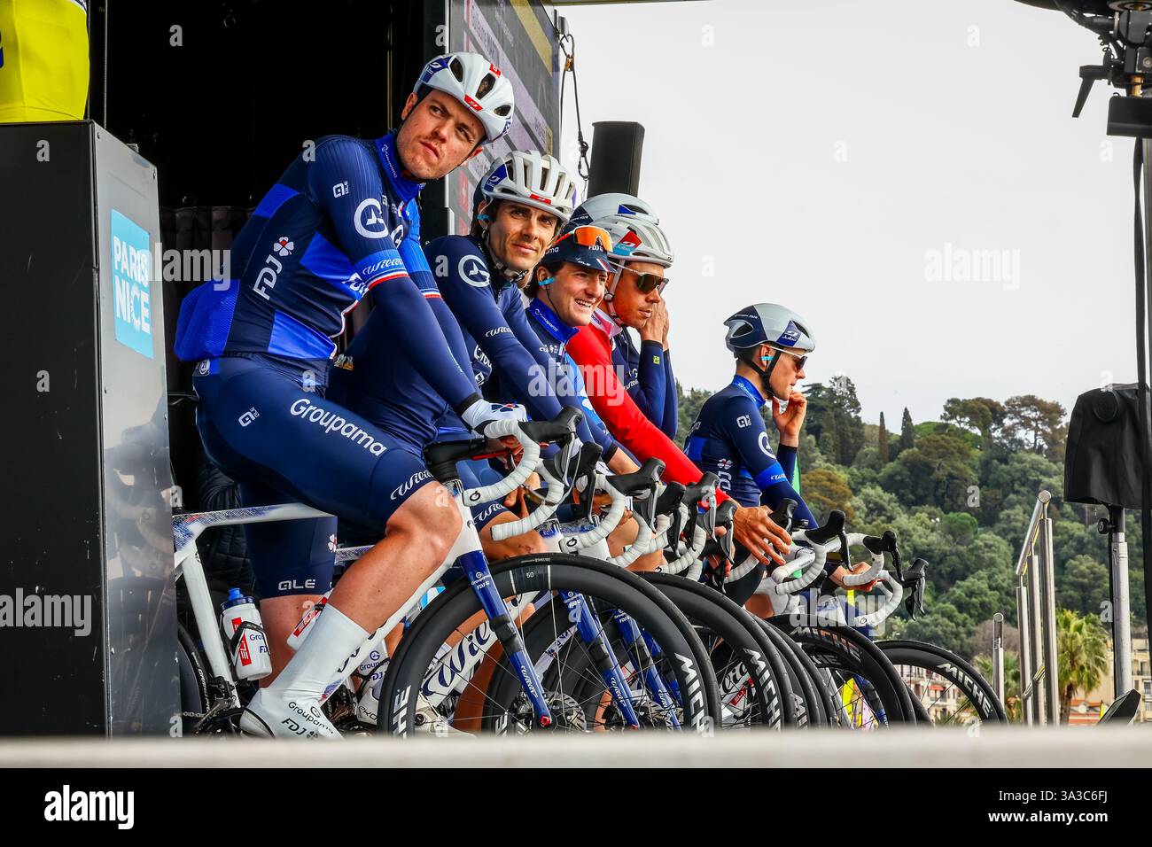 Auron, France. 15th Mar, 2025. Groupama-FDJ riders pictured at the ...
