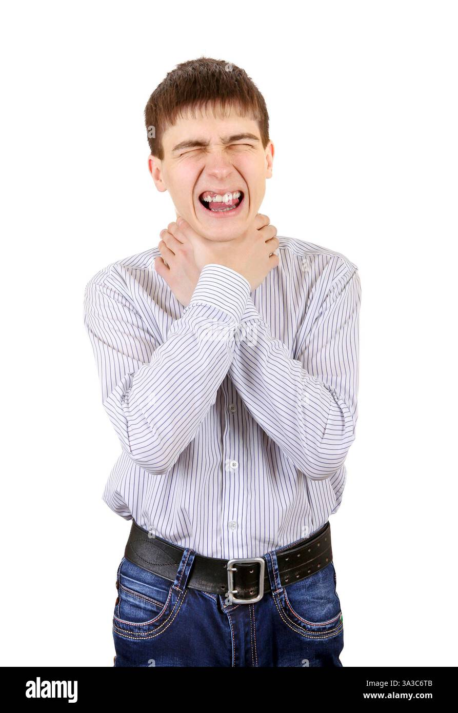 Nervous Teenager strangle himself Isolated on the White Background ...