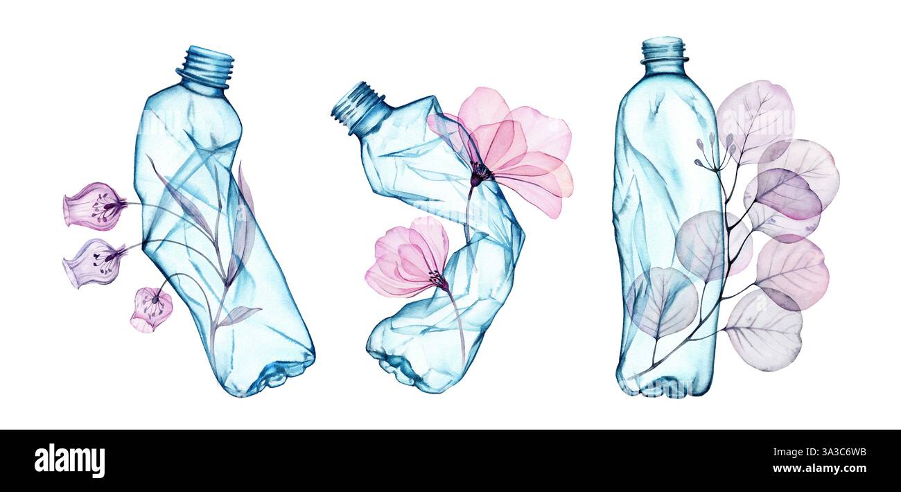 Watercolor Recycle banner. Stop plastic poster with plastic crumpled ...