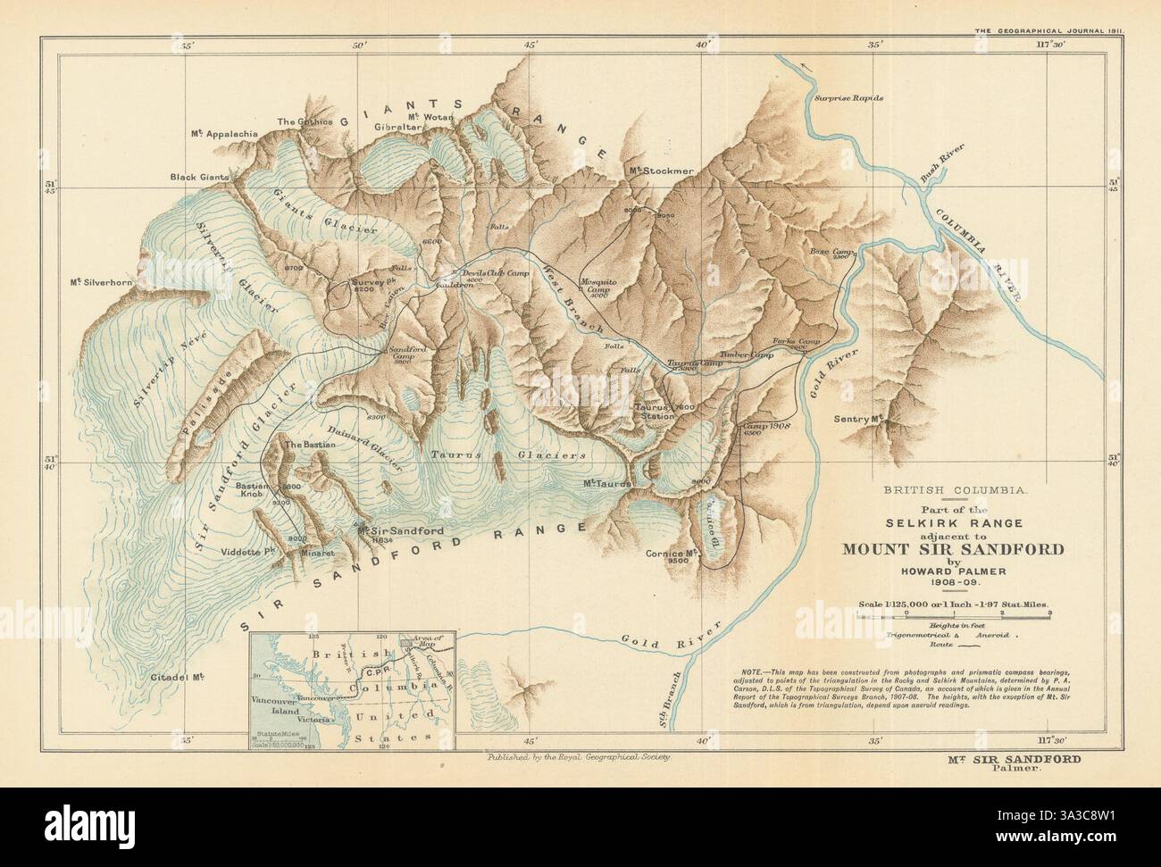 British Columbia. Selkirk Range/Mt. Sir Sandford. H. Palmer 1908/9 RGS ...