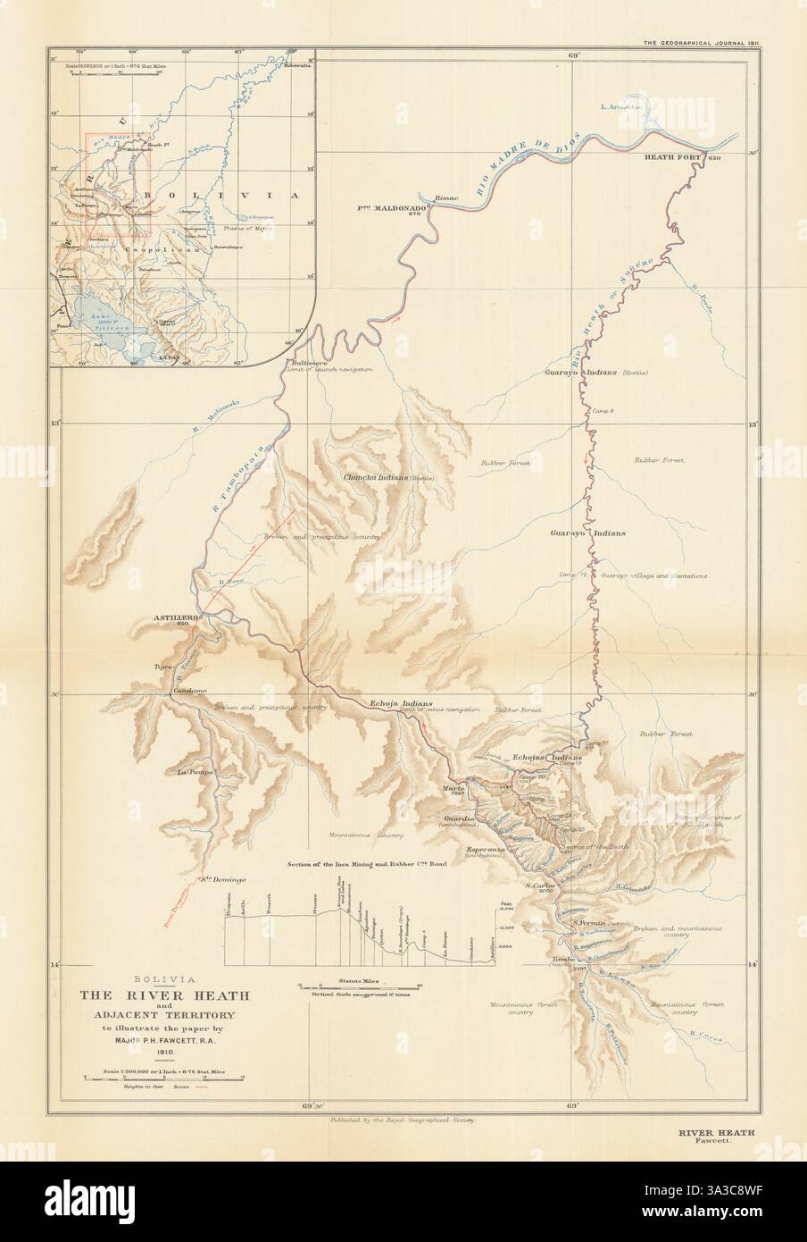 Peru & Bolivia. The River Heath by Major Percy Fawcett 1910. RGS 1911 ...