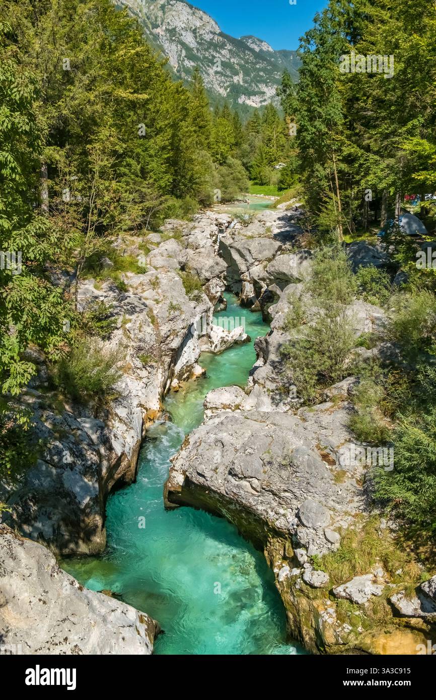 Emerald alpine water of Soca mountain river in Slovenia, Triglav ...