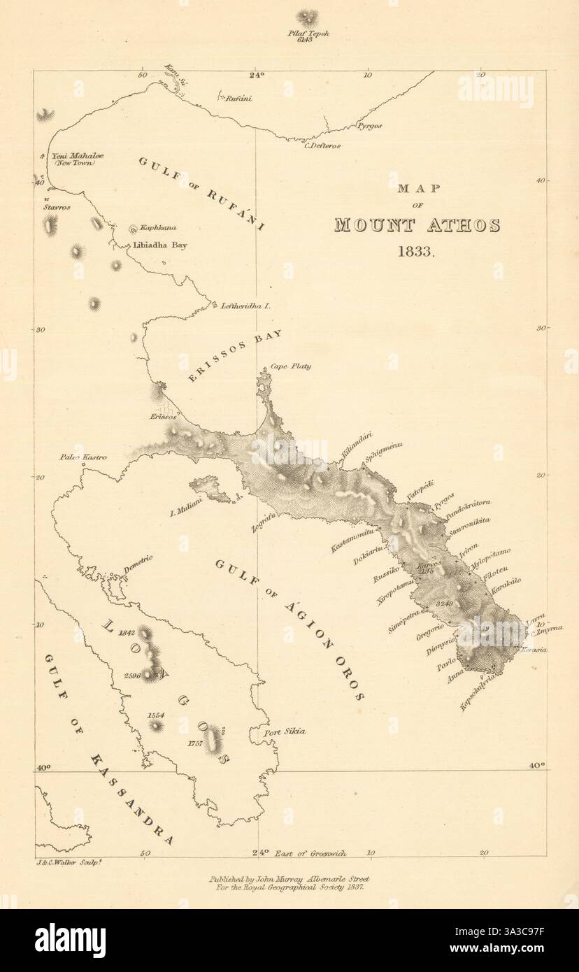 Map of Mount Athos showing the monasteries by Lt Webber Smith. RGS 1837 ...