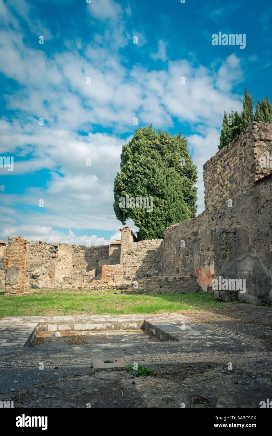 A depiction of ancient Roman ruins in Pompeii, Italy, featuring historical stone structures and ...