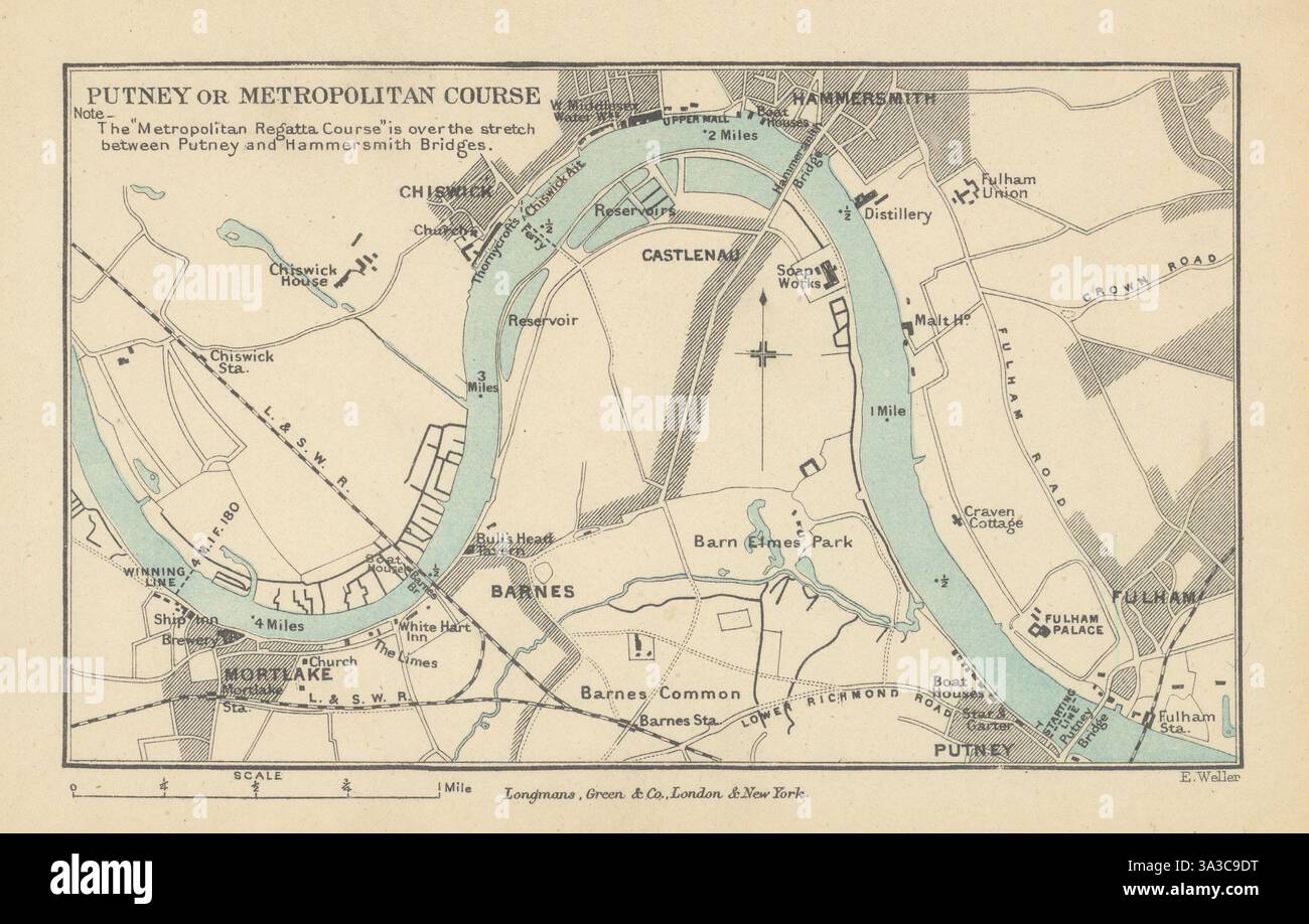 The Putney to Mortlake rowing course. Oxford-Cambridge boat race WELLER ...