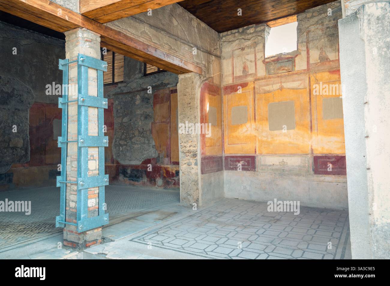 Interior view of a historical structure with preserved frescoes and ...