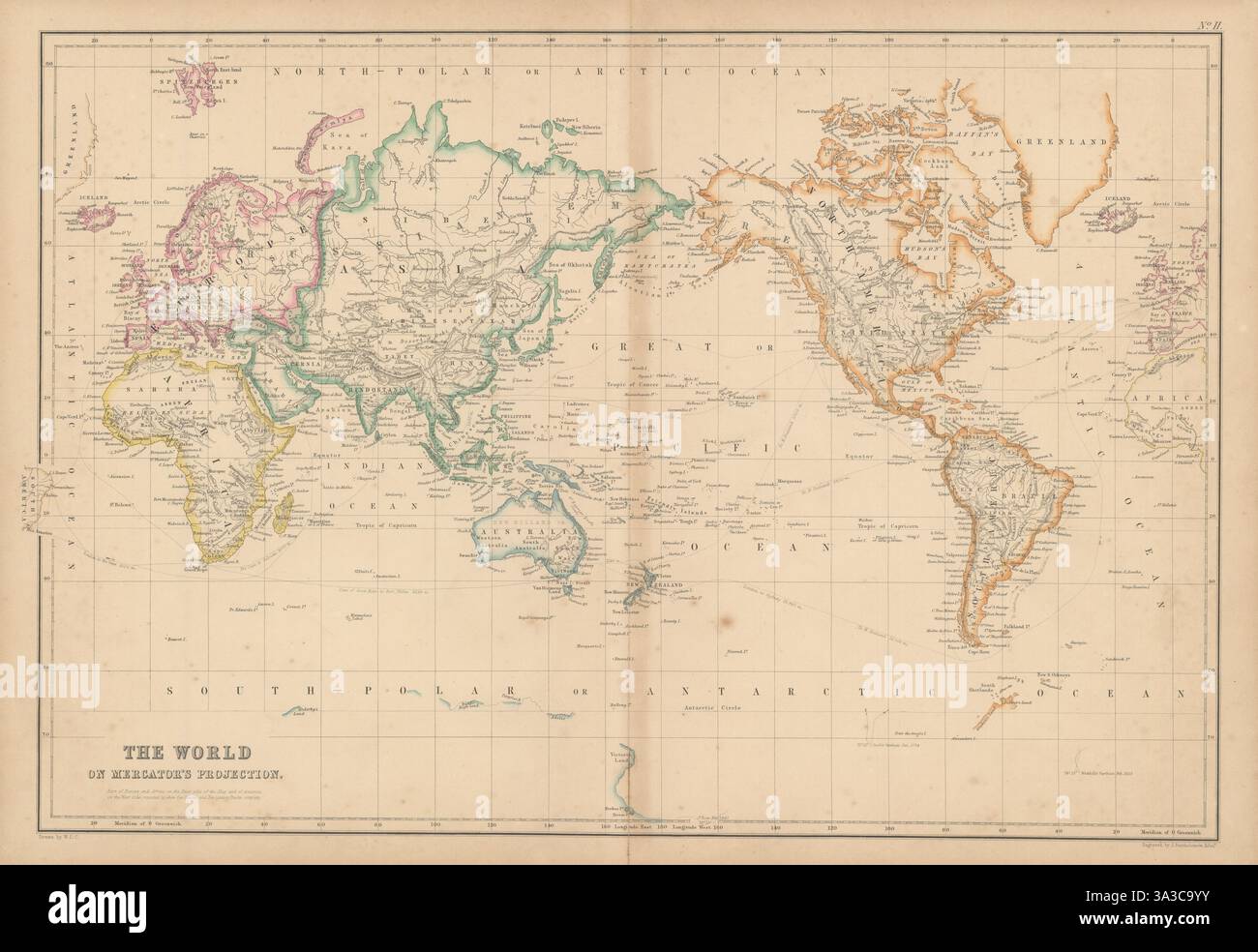 The World on Mercator's Projection by John Bartholomew 1860 old antique ...
