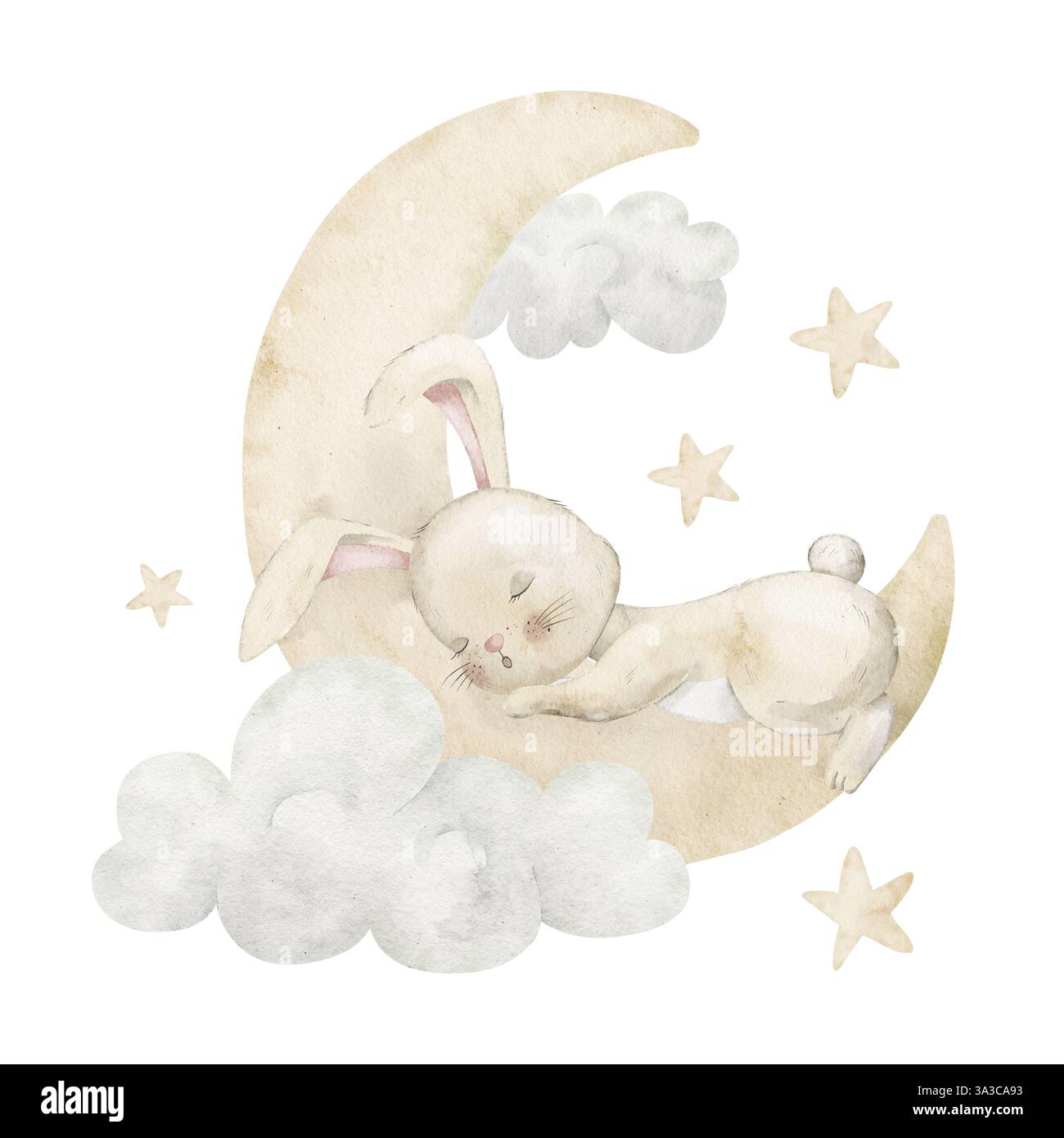 Watercolor illustration of a sleepy Bunny curled up on a crescent moon ...