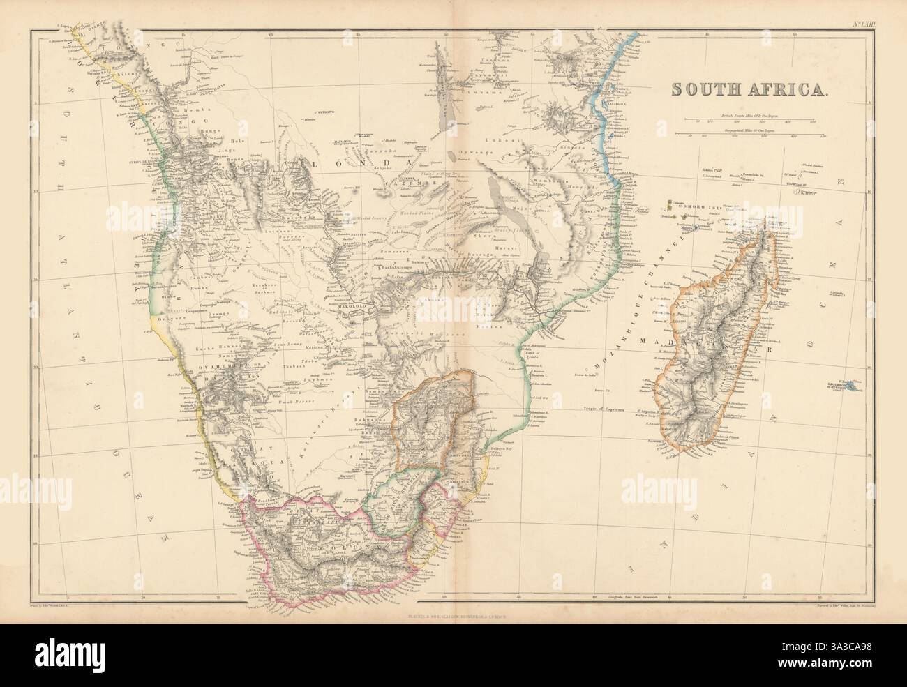 Southern Africa & Madagascar by Edward Weller 1860 old antique map plan ...