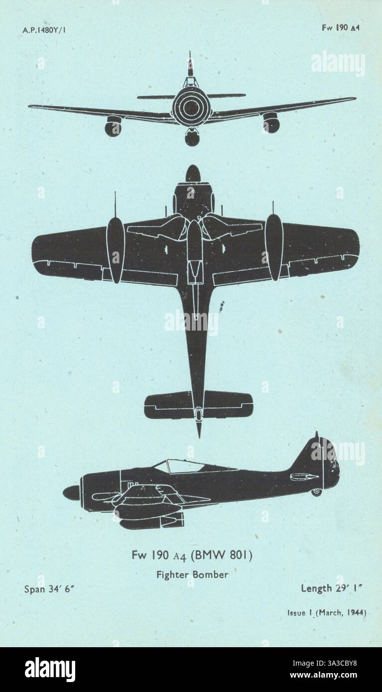 Focke-Wulf Fw 190A4 Fighter Bomber. Aircraft recognition profile 1944 ...