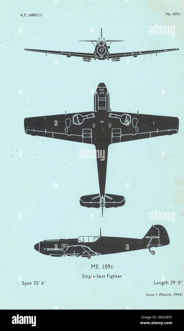 Messerschmitt Me 109E fighter. Air Ministry aircraft recognition profile 1944 Stock Photo - Alamy