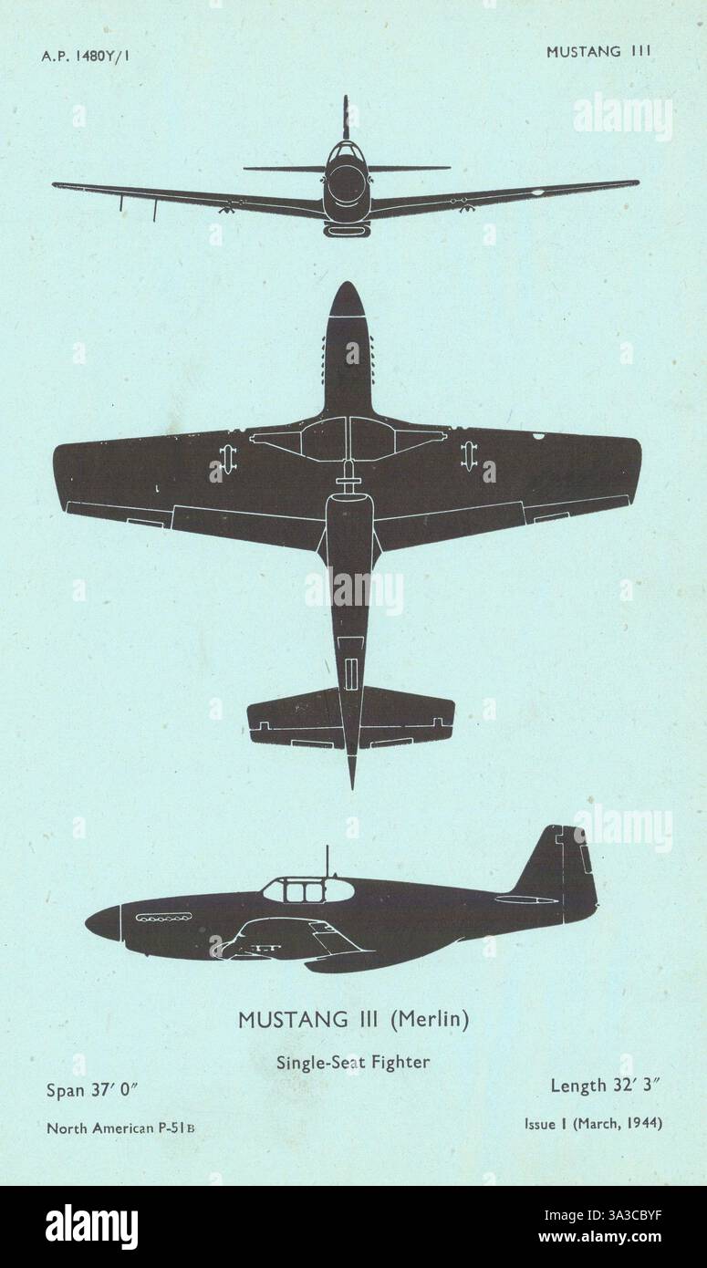North American P-51B Mustang III fighter. Aircraft recognition profile ...