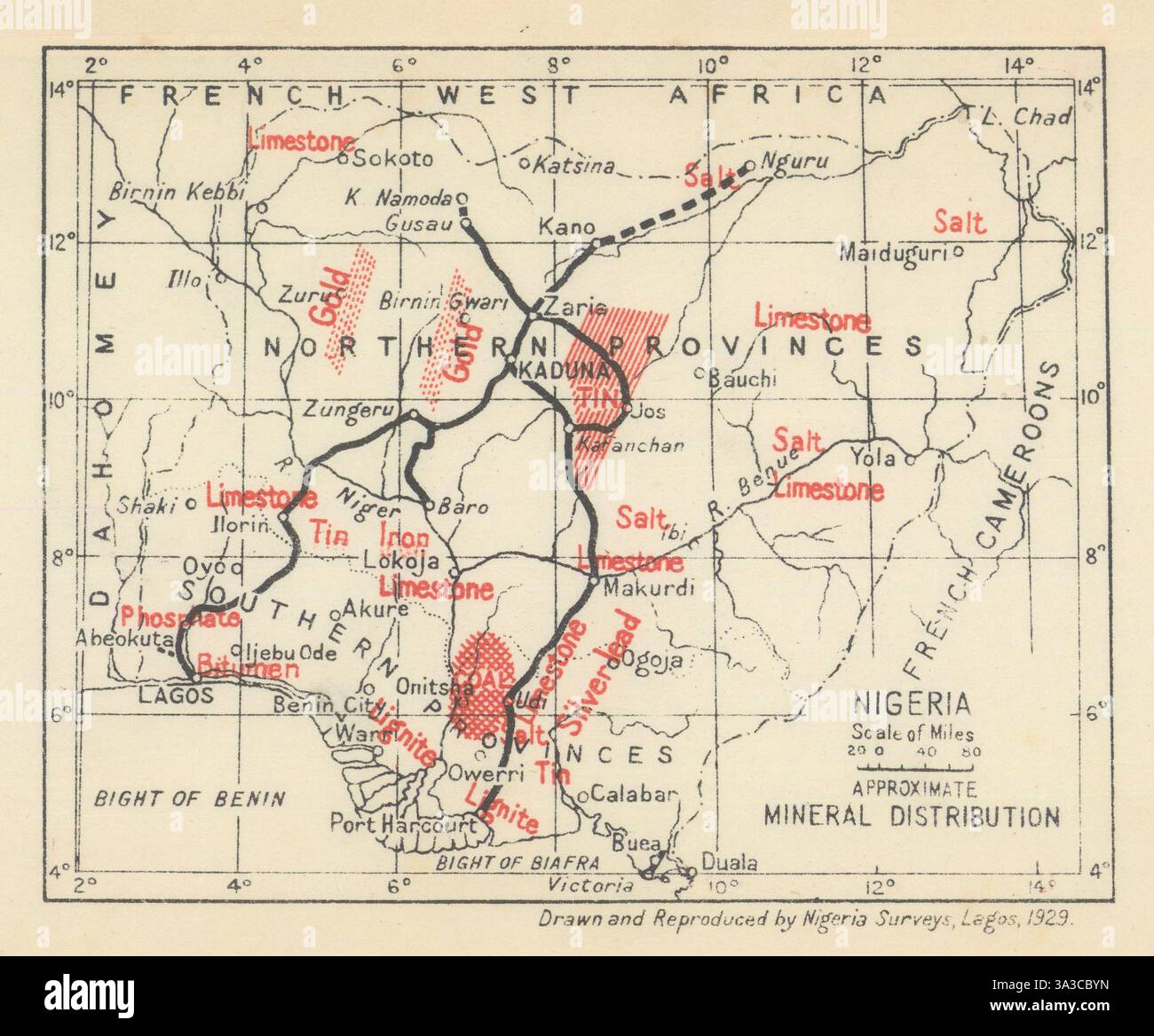 Nigeria Approximate Mineral Distribution 1929 old vintage map plan ...