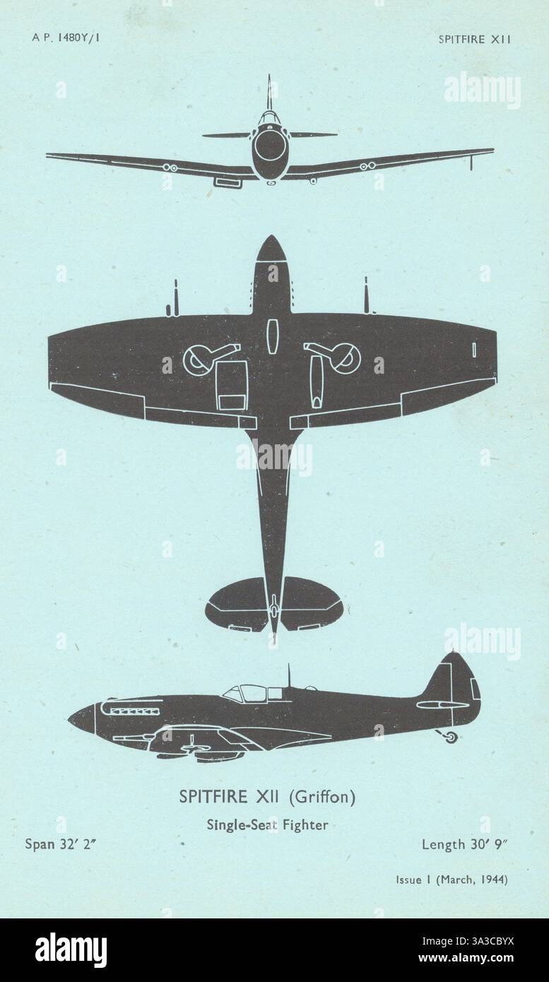Supermarine Spitfire XII fighter. Air Ministry aircraft recognition ...