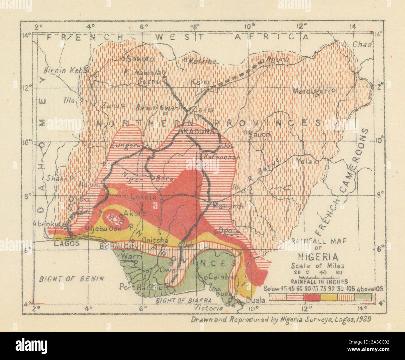 Rainfall Map of Nigeria 1929 old vintage plan chart Stock Photo - Alamy