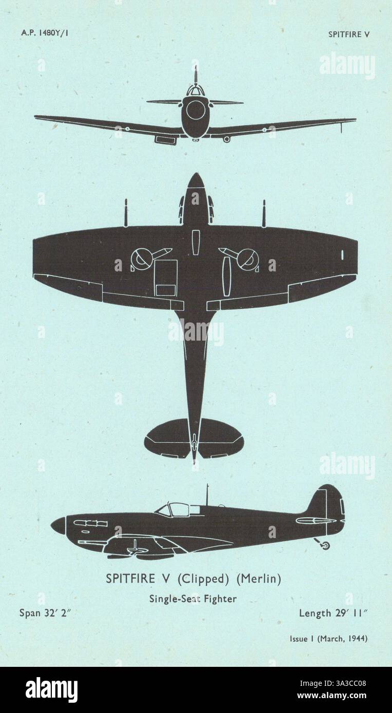 Supermarine Spitfire V (Clipped) fighter. Aircraft recognition profile ...