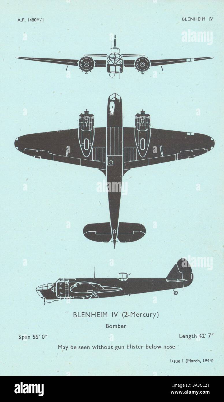 Bristol Blenheim IV Bomber. Air Ministry aircraft recognition profile ...