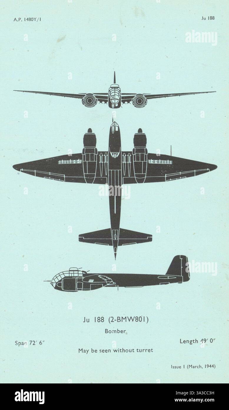 Junkers Ju 188A Bomber. Air Ministry aircraft recognition profile 1944 ...