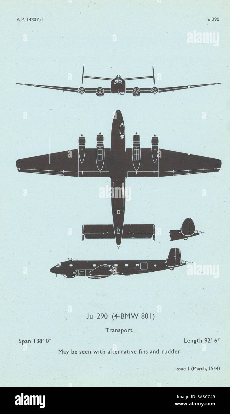 Junkers Ju 290 Transport. Air Ministry aircraft recognition profile ...