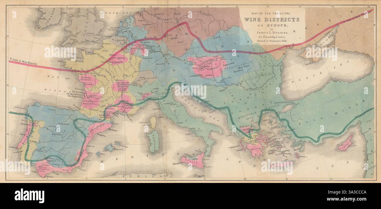 Map of the Principal Wine Districts of Europe by James Denman 1875 old ...