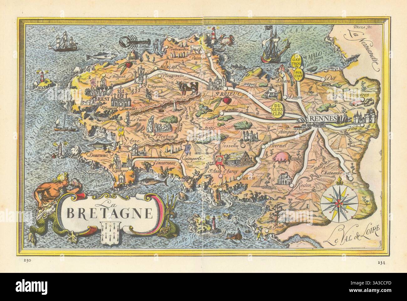 La Bretagne region pictorial map by Laszlo Fircsa. Brittany 1948 old ...
