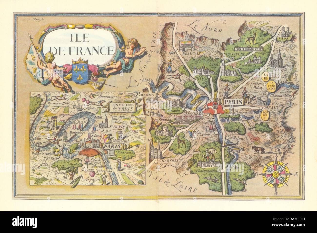 Île de France & environs de Paris region pictorial map by Laszlo Fircsa ...