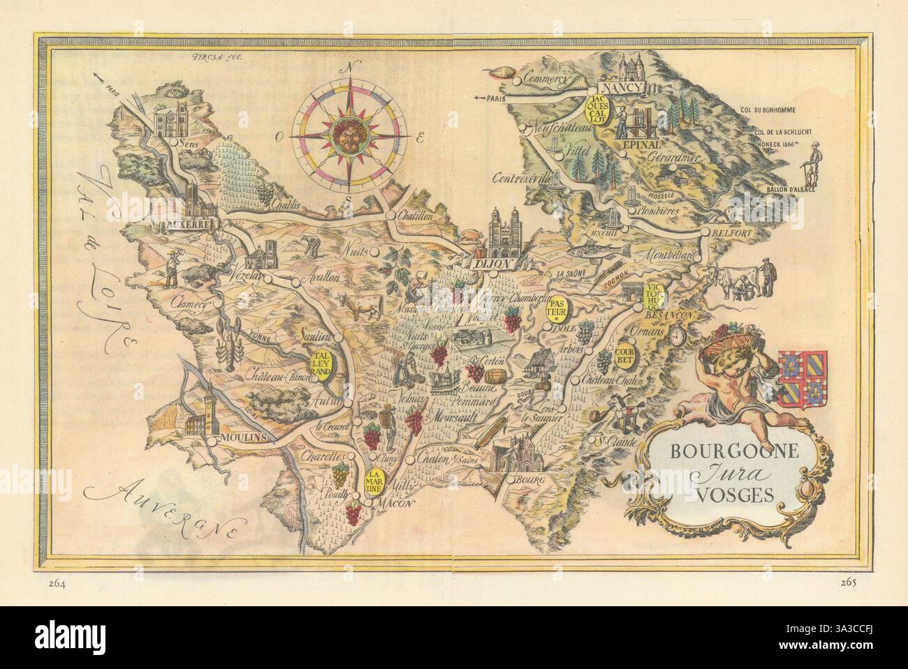 Bourgogne, Jura & Vosges pictorial wine region map. Eastern France ...