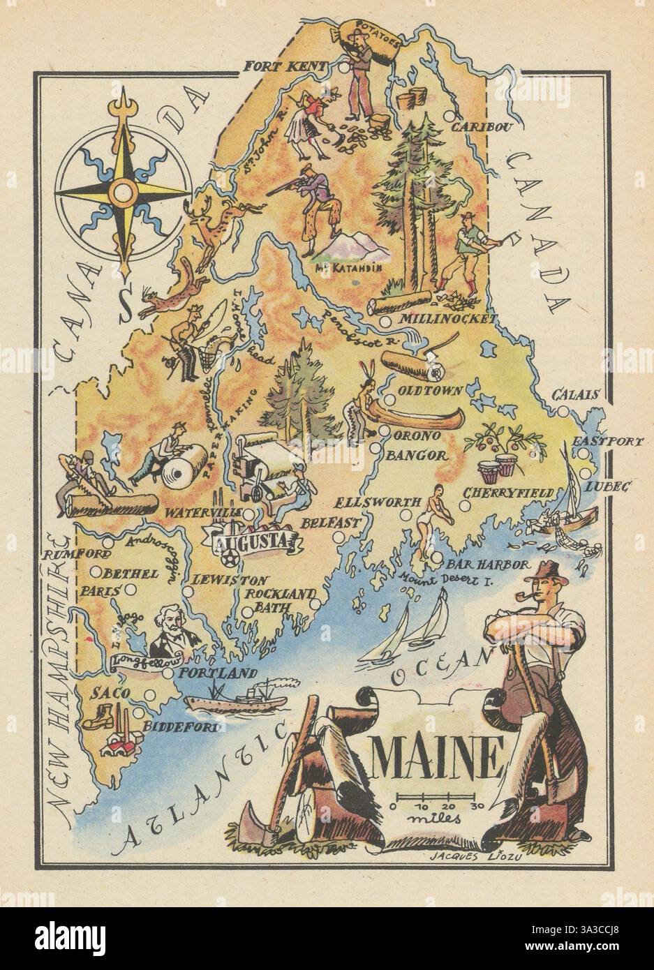 Maine small state map by Jacques Liozu 1946 old vintage plan chart ...