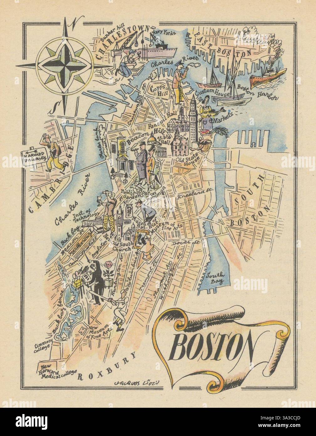Boston small city plan by Jacques Liozu 1946 old vintage map chart ...