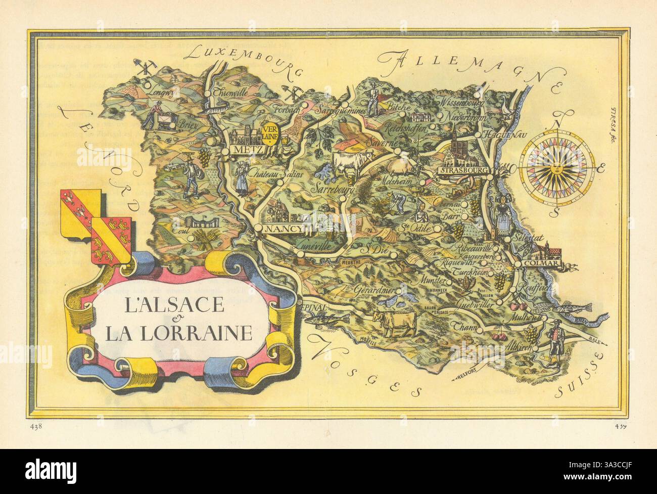 Alsace & Lorraine pictorial wine region map by Laszlo Fircsa. Grand Est ...