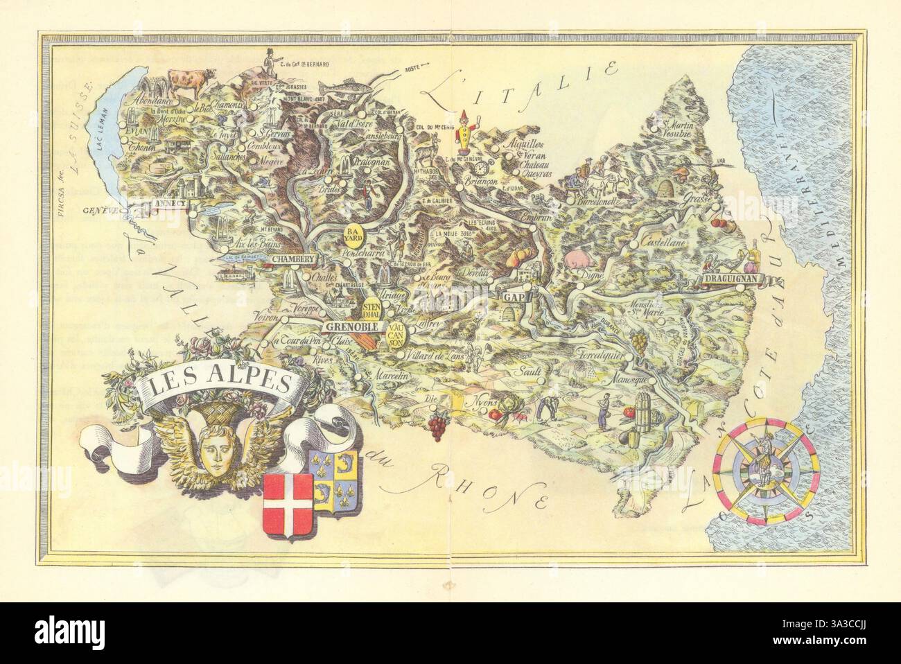 Les Alpes region pictorial map by Laszlo Fircsa. French Alps ski ...