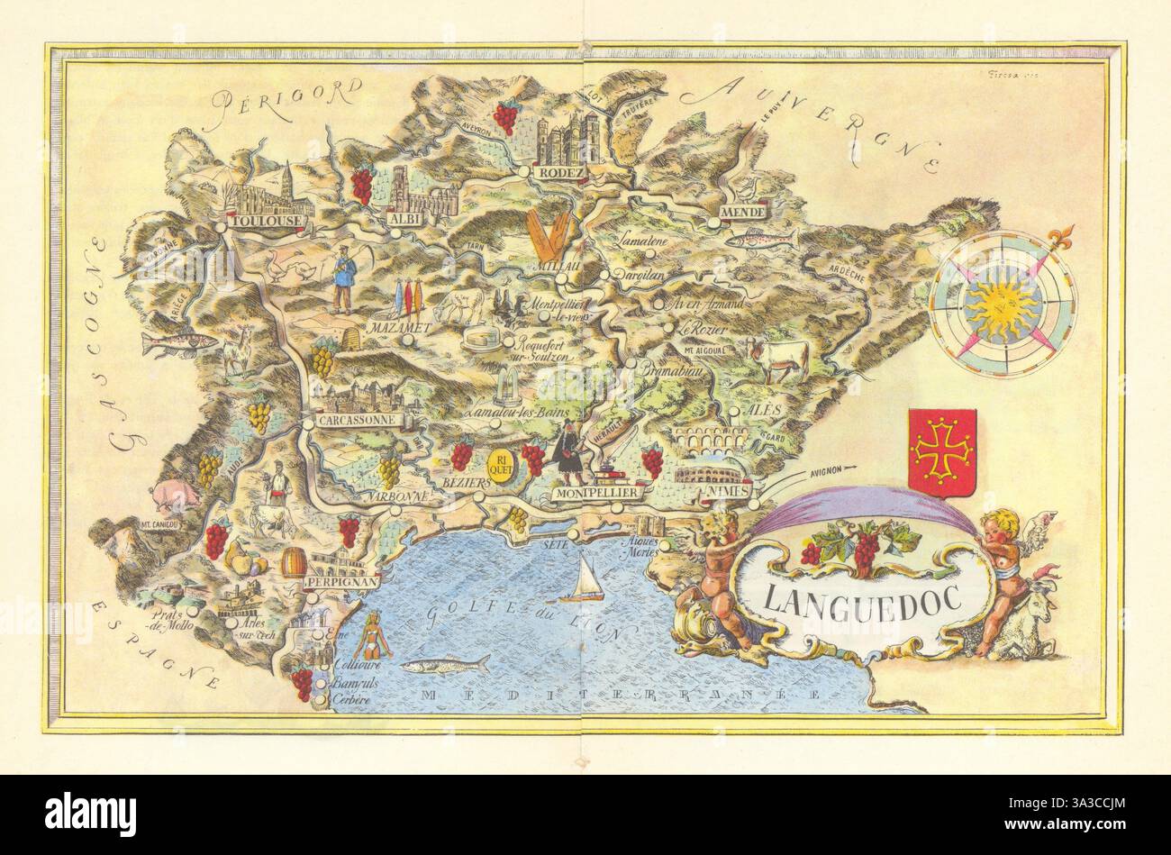 Languedoc pictorial wine region map by Laszlo Fircsa 1948 old vintage ...
