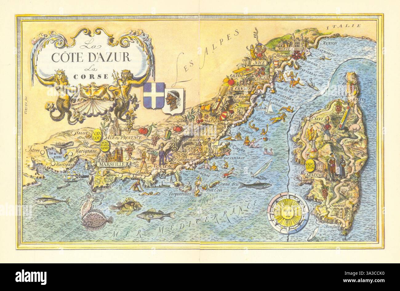 La Côte d’Azur & La Corse region pictorial map by Laszlo Fircsa 1948 ...