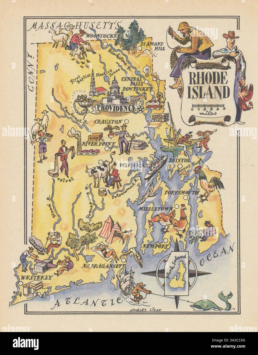 Rhode Island small state map by Jacques Liozu 1946 old vintage plan ...
