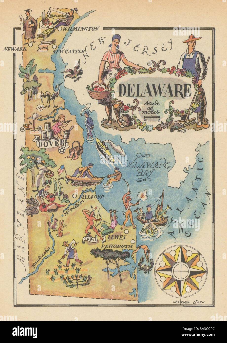 Delaware small state map by Jacques Liozu 1946 old vintage plan chart ...