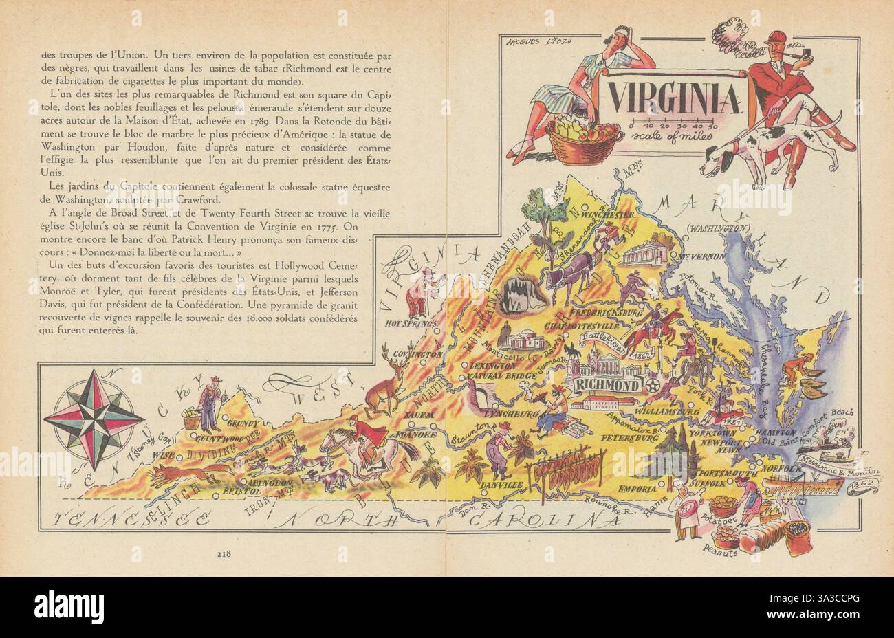 Virginia small state map by Jacques Liozu 1946 old vintage plan chart ...