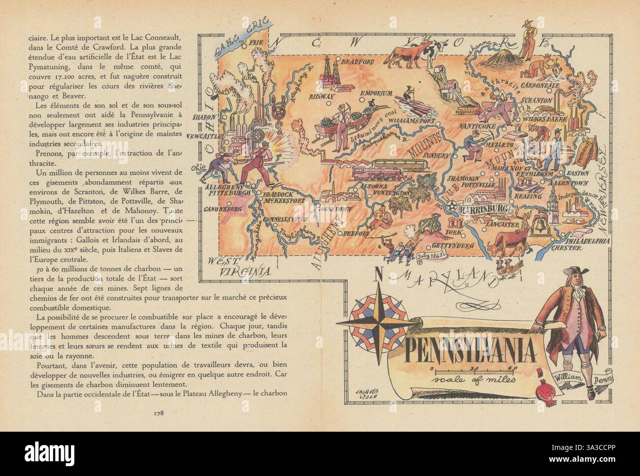 Pennsylvania small state map by Jacques Liozu 1946 old vintage plan ...