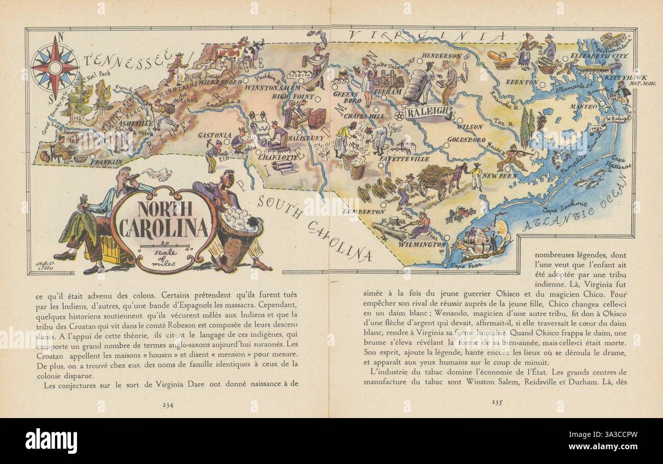 North Carolina small state map by Jacques Liozu 1946 old vintage chart ...