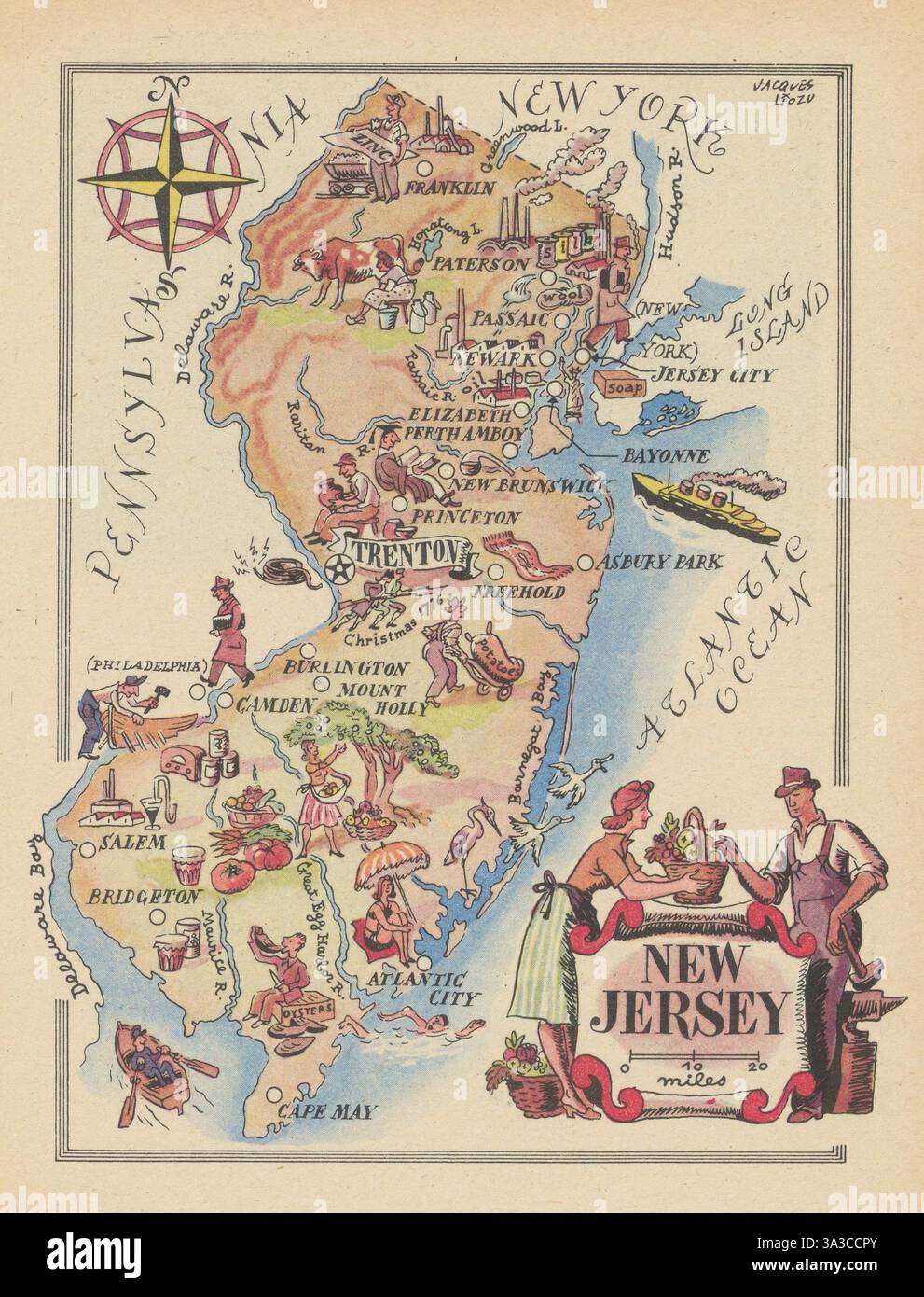 New Jersey small state map by Jacques Liozu 1946 old vintage plan chart ...