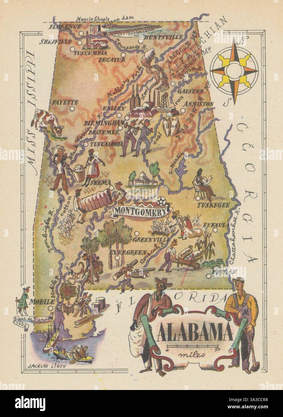 Alabama small state map by Jacques Liozu 1946 old vintage plan chart ...