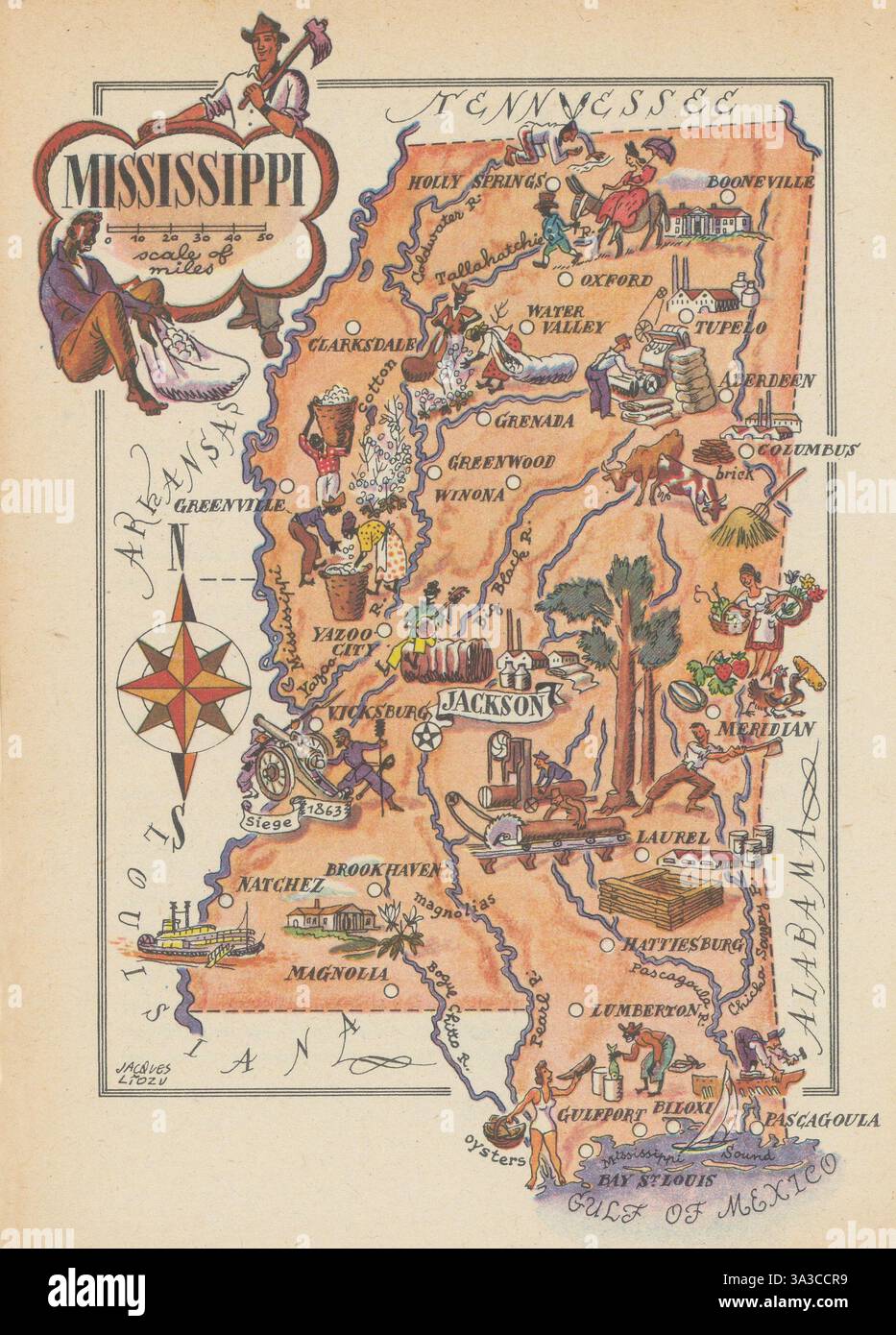 Mississippi small state map by Jacques Liozu 1946 old vintage plan ...